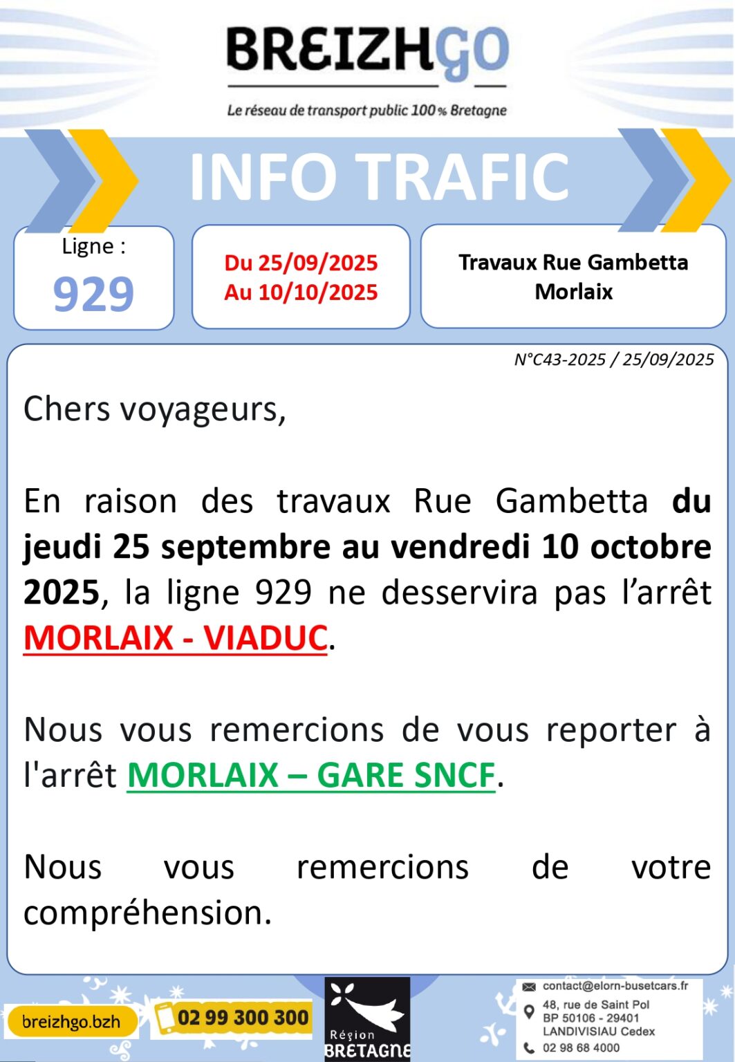 Ligne 929 : Travaux Rue Gambetta Morlaix - Élorn bus & cars
