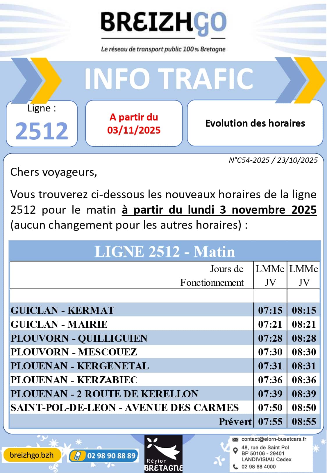 Ligne 2512 : A partir du 03/11/2025 Evolution des horaires - Élorn bus ...